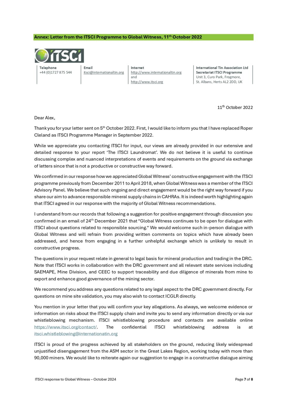 ITSCI response to October 2024 Global Witness inquiry - ITSCI